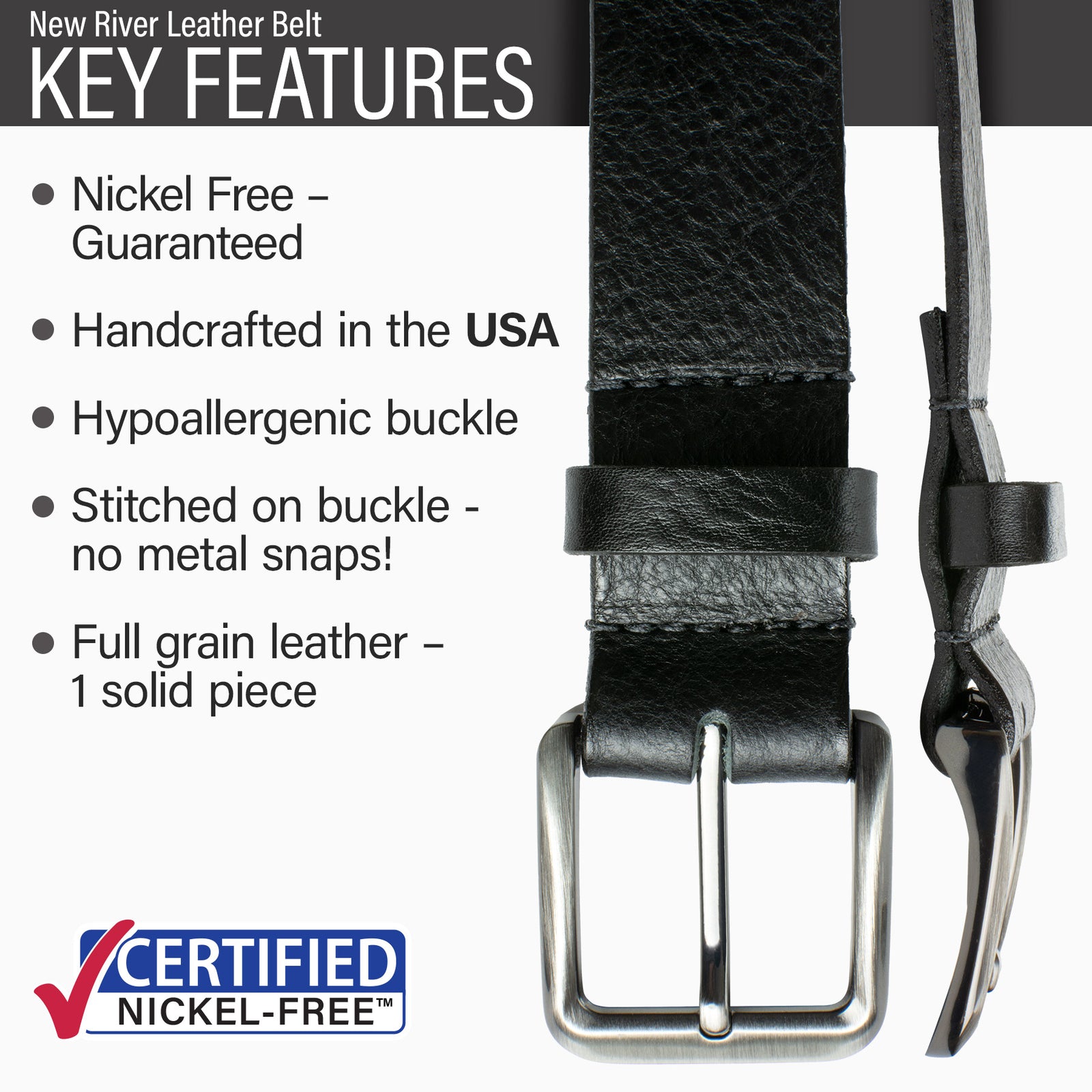 New River Black Belt | USA Made | Hypoallergenic Buckle | Real Leather ...